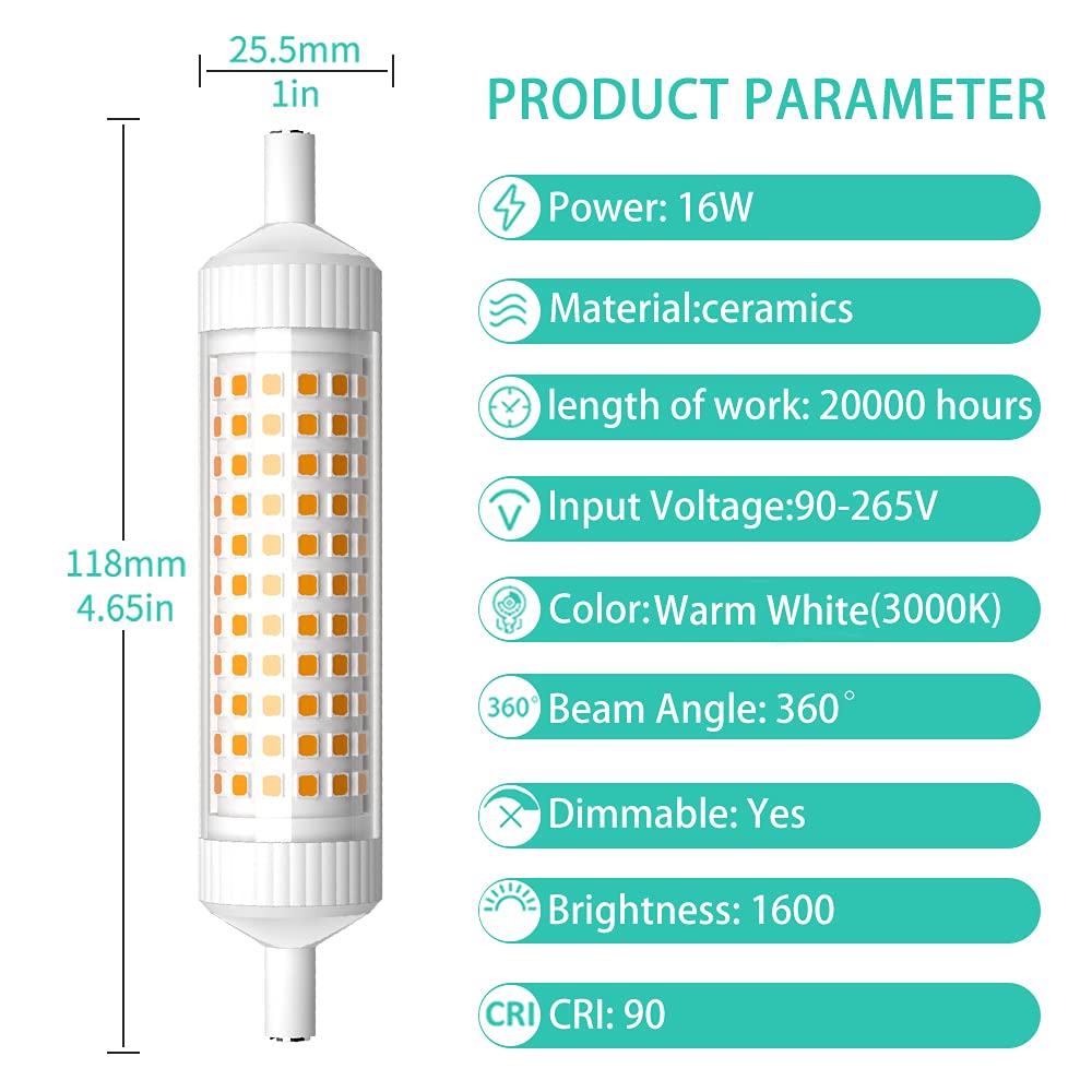 R7s LED 118mm, R7S 118mm LED Lamp, 20W J Type 118mm Dimmable Light Bulbs, 150W Halogen Bulb Equivalent for Flood Light Security Light, 2200LM, Warm White 3000K (2-Pack)