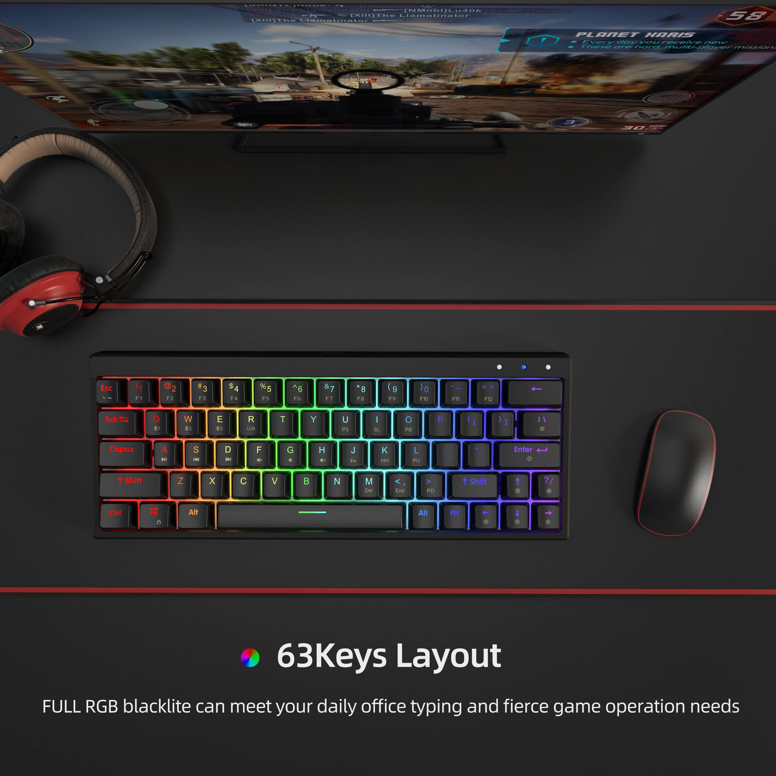 Ractous RTK63B 60% Wireless Mechanical Gaming Keyboard,RGB Blacklit PBT keycaps Type-C 63keys Bluetooth5.1/Wireless/Wried Gaming Keyboard for PC/Mac Gamers,Hot-Swap Optical Black Switch-Black