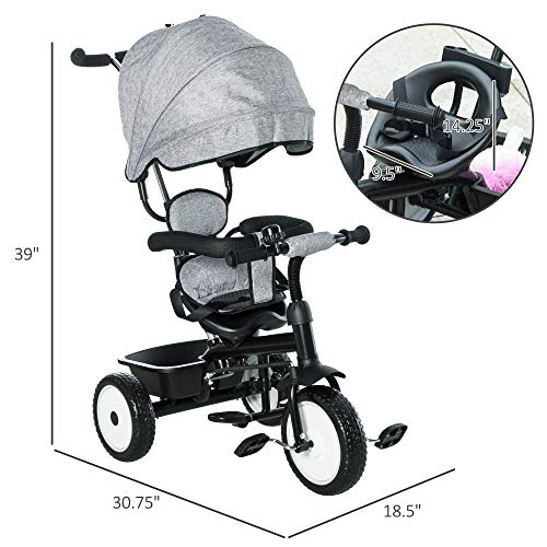 Qaba Baby Tricycle 2 in 1 Trike with Adjustable Canopy Detachable Guardrail Belt for Age 6-60 Months, Grey