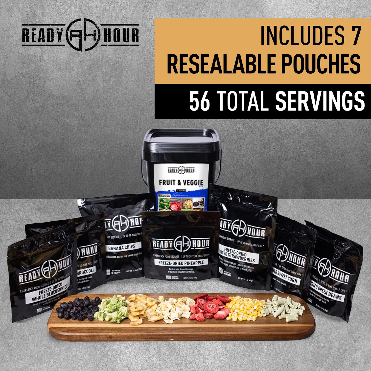 Ready Hour, Fruit & Veggie Mix, Real Non-Perishable Freeze-Dried Food, 30-Year Shelf Life, Portable Emergency and Adventure Food Supply, Durable Flood Safe Container, 56 Servings