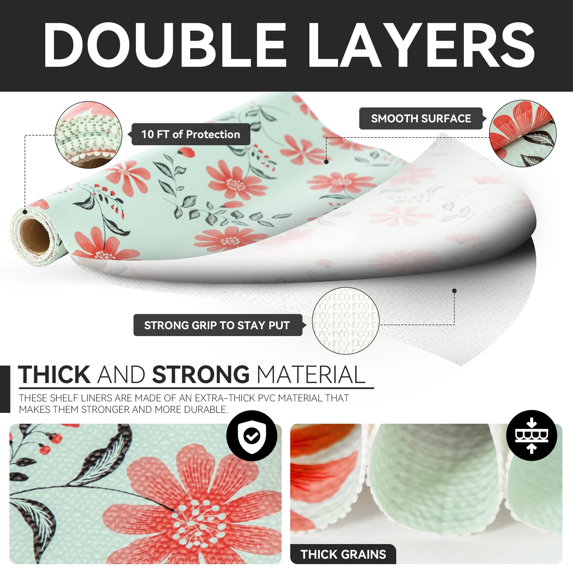 RAY STAR Shelf Liner, 12 Inch x 10 Feet Non Adhesive White Daisy Red Floral Cabinet Liner for Pantry Drawer Vanity, Strong Grip Non Slip Waterproof, Shelf Liners for Kitchen Cabinets