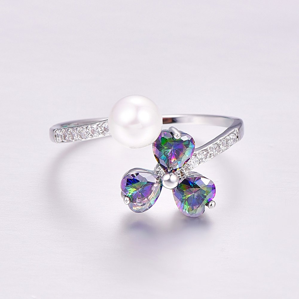 Psiroy 925 Sterling Silver Plated Created Rainbow Topaz Filled Heart Shaped Dainty Flower Anniversary Rings for Women Size 9