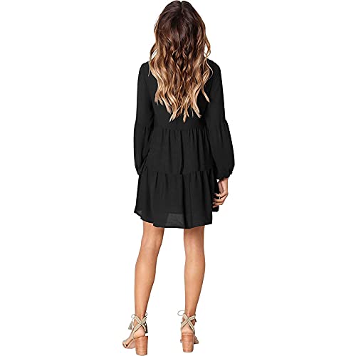 Pinkpaopao Splicing Solid Color Swing Dress for Women Lantern Long Sleeve Elastic Mini Dress Ruched Loose V Neck Dress