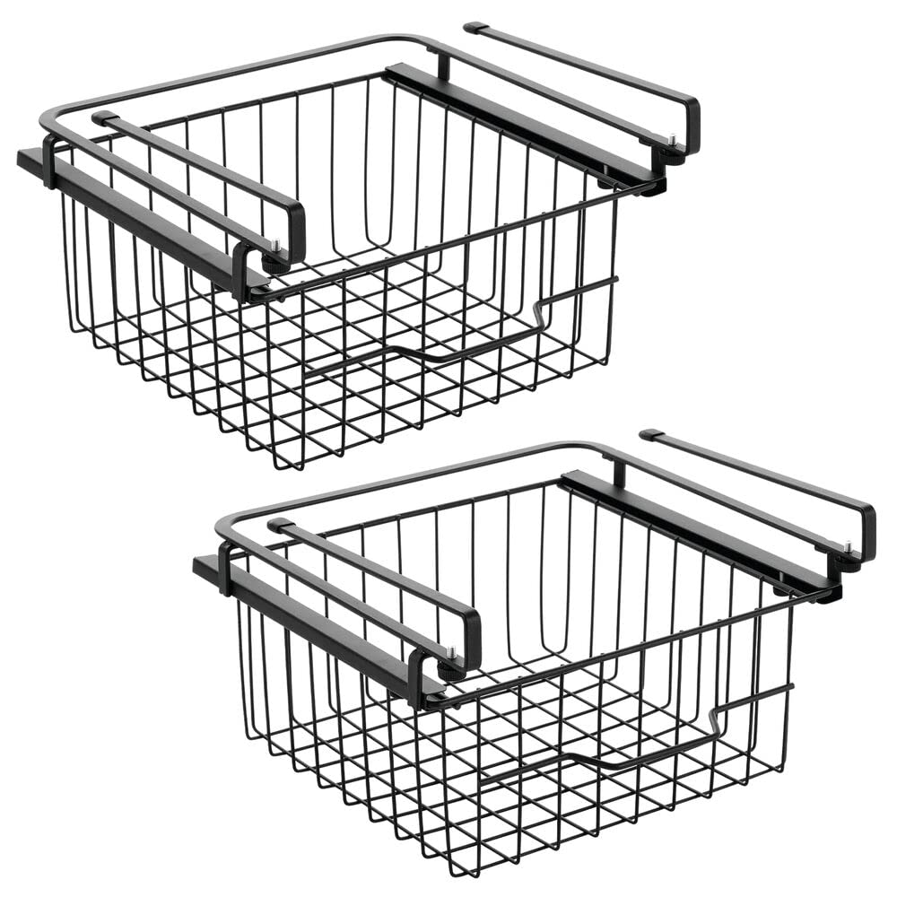 mDesign Compact Hanging Pullout Drawer Basket - Sliding Under Shelf Storage Organizer - Metal Wire - Attaches to Shelving - Easy Install - for Kitchen, Pantry, Cabinet - White