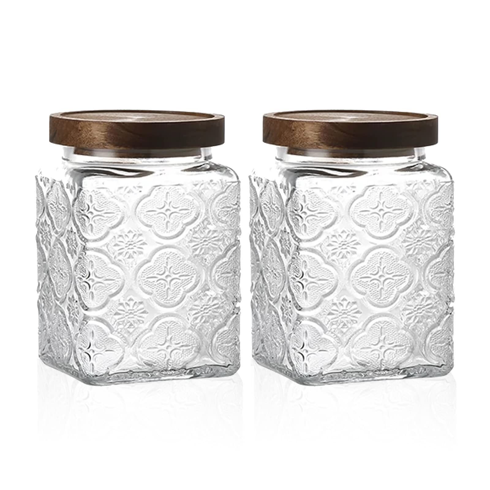 Snminetal Vintage Glass Airtight Storage Jar Set of 2, With Airtight Wood Lid, Kitchen Food Storage Containers,Suitable for storage Tea leaves,Coffee Beans,dried fruits, cereals, etc(Plum pattern)