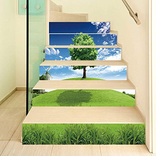 Master_GGG Stickers 3D Innovative DIY Green Tree Decorative Adhesive Stair Stickers - Waterproof Stair Riser Decals - Peel and Stick Stair Stickers Decoration 6pcs/set 18cm X 100cm