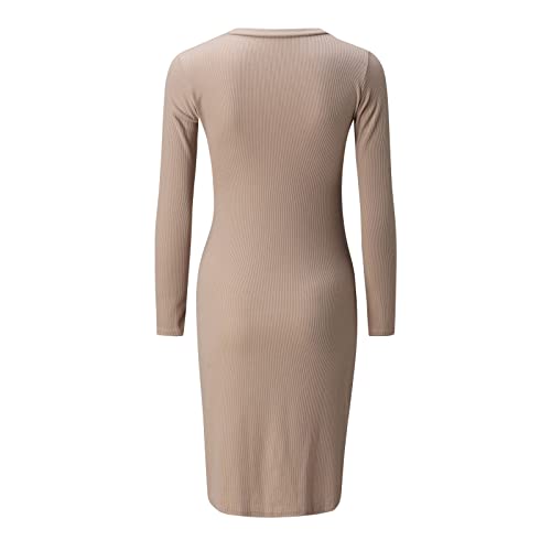 Pinkpaopao Sweater Wrap Dress for Women Side Button Split Midi Dress Long Sleeve Crewneck Elastic Dress
