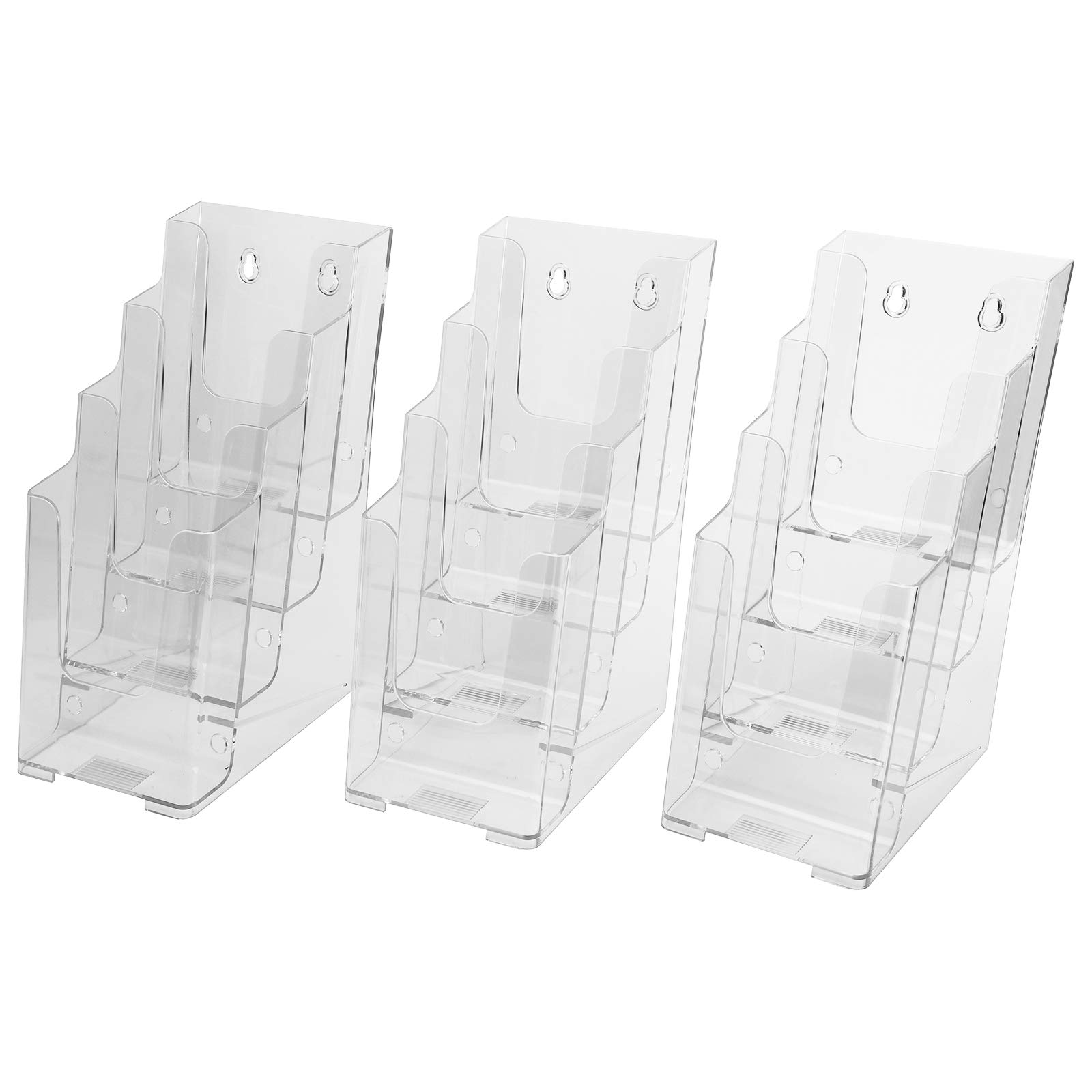 XMSound 3 Pack Acrylic Brochure Holder 4 Inch Wide 4 Tier Clear Literature Holder, Premium Acrylic Multi Pocket Display Stand, Wall Mount or Counter Top