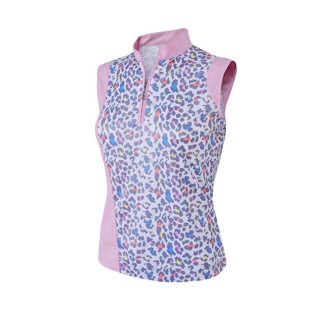 Monterey Club Women's Pro Leopard Print Block Sleeveless Zip Top #2351 (Rose Quartz/White, Medium)