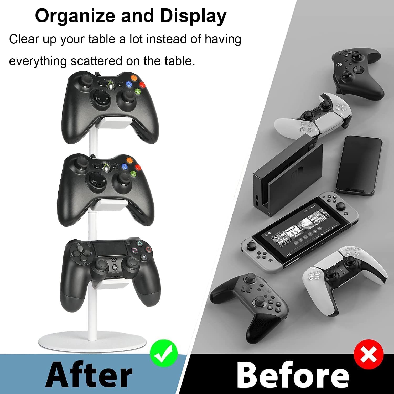 Xnuoyo 3 Tier Controller Holder,Universal Adjustable Game Controller Stand/Game Organizer,2 in 1 Game Controller Stand Holder Storage Organizer,Headset Hanger Game Universal Accessories White (White)