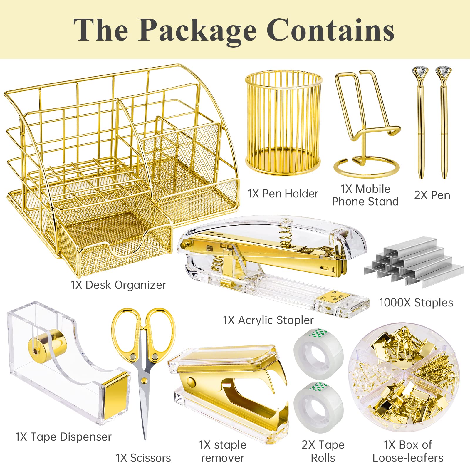 NiOffice Gold Desk Organizer Set with Acrylic Accessories - Includes Stapler, Tape Holder, Pen Holder, Scissors, Phone Holder, Binder Clips, Staple Remover and 1000 Staples