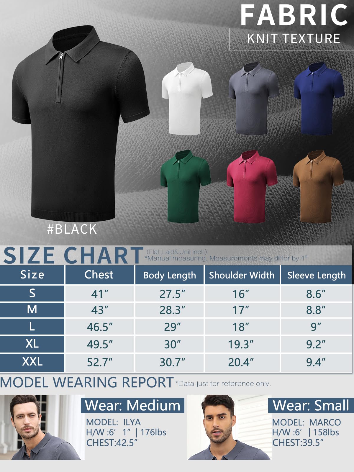 RQP Mens Zipper Polo Shirts Knit Wrinkle Free Casual Shirts Short/Long Sleeve,Stretch Fit Golf Shirts,Soft pullove,Black XL