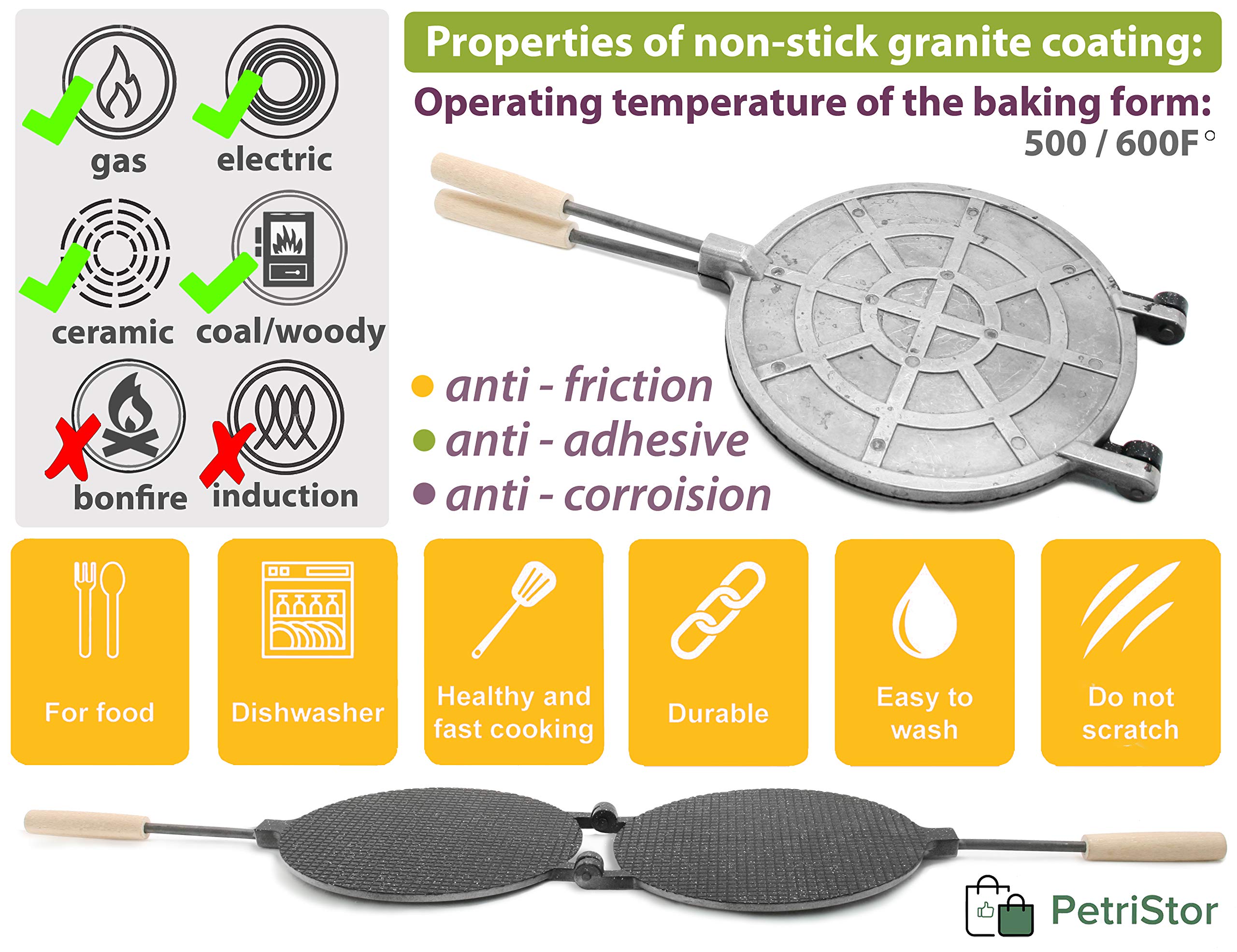 PetriStor Waffle Maker Round Has Nonstick Coating Size 8 in - Waffle Cone Maker - Krumkake Iron - Wafer Maker - Waffle Cone Maker Machine - Stroopwafel Maker - Ice Cream Cone Maker
