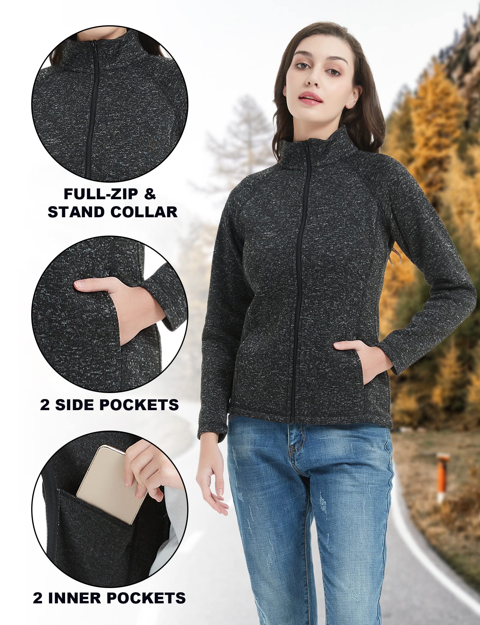 SLOWTOWN Women's Sweater Fleece Jacket Zip-up Sweater Lightweight Speckled Jacket with Pockets (Black, Medium)
