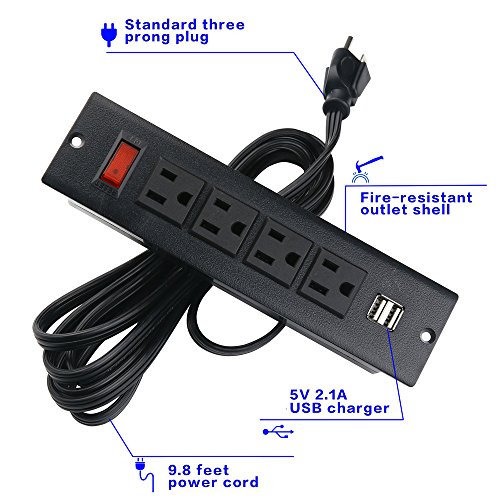 VILONG Recessed Power Strip with USB, Black Desktop Power Grommet, 1440 J 4-Outlets with Standard Plug 9.8 ft Power Cord Conference Office Home Kitchen (Black)