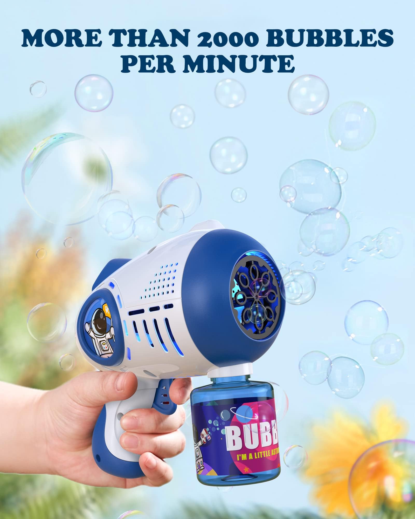 Minetom 2 Bubble Guns for Kids Toddlers with 2 Bottles Bubble Solution, 360-Degree Leak-Proof Design Bubble Blower for Party Favors, Summer Toy, Outdoors Activity