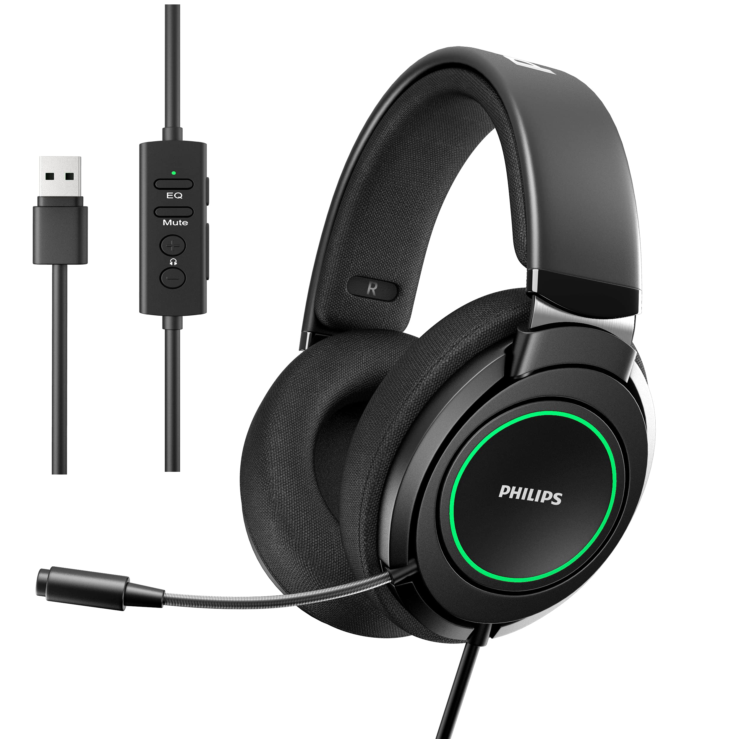 Philips Audio USB Computer Gaming Headset with Microphone, 7.1 Surround Sound, Comfort Fit Wired Headphones with RGB LED Lighting, Black (TAG6105)