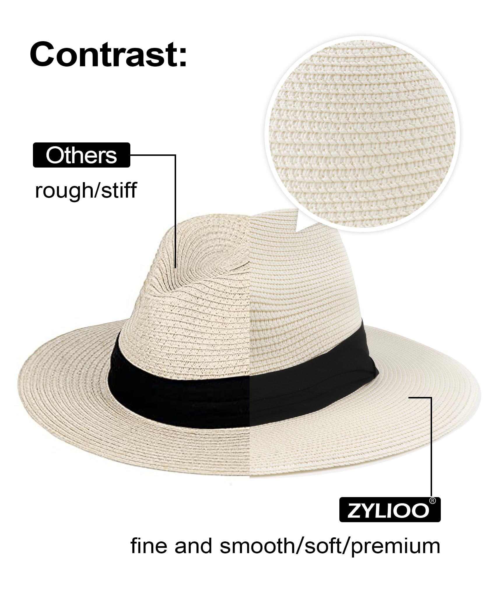 Zylioo Oversize XXL Straw Sun Hats,Wide Brim Panama Hat,Fedora Summer Beach Hat,UPF Straw Hat for Big Heads