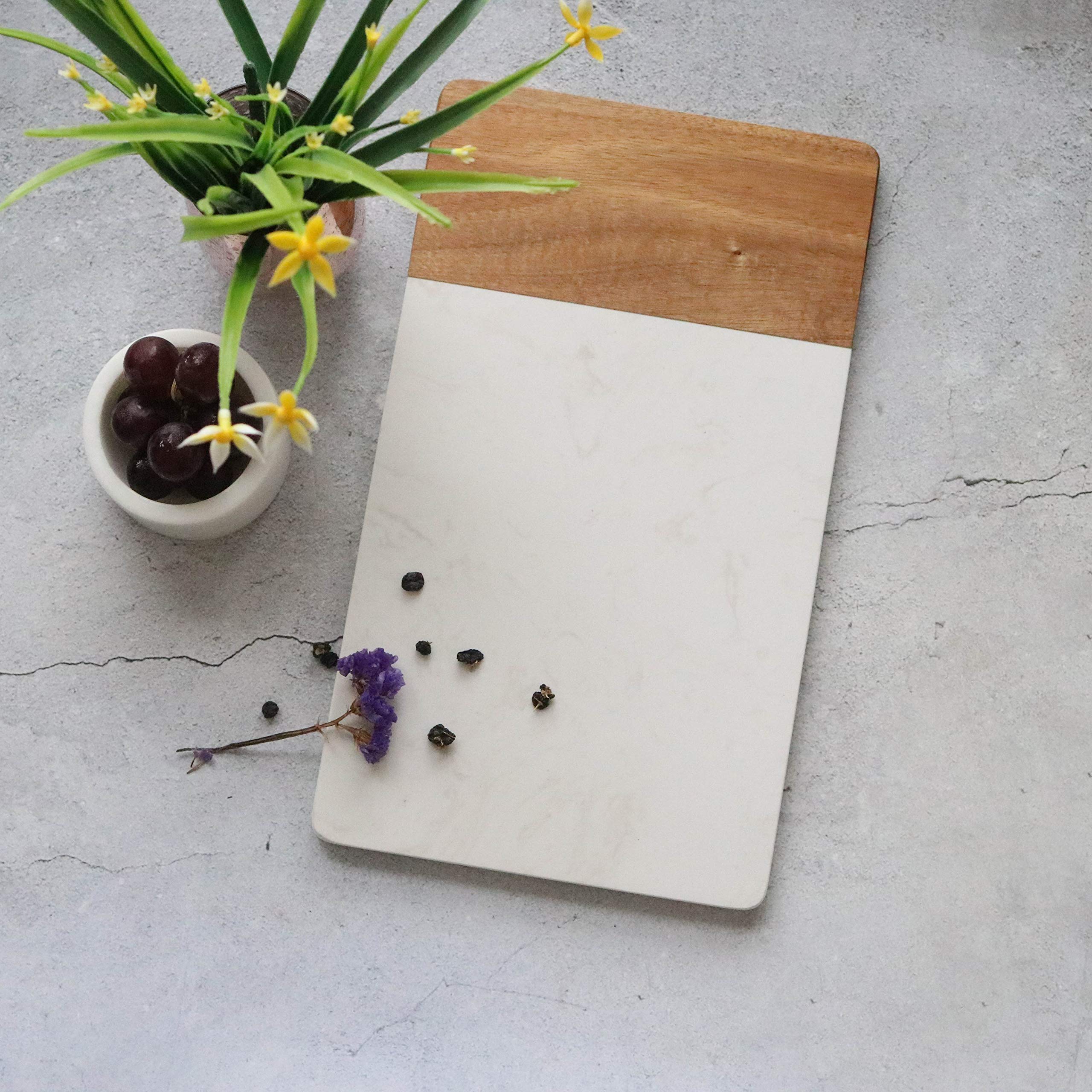 Real Marble Charcuterie Board with Teak Wood Accent, Rectangle Shape 8.5"x13", Durable and Chip Resistant