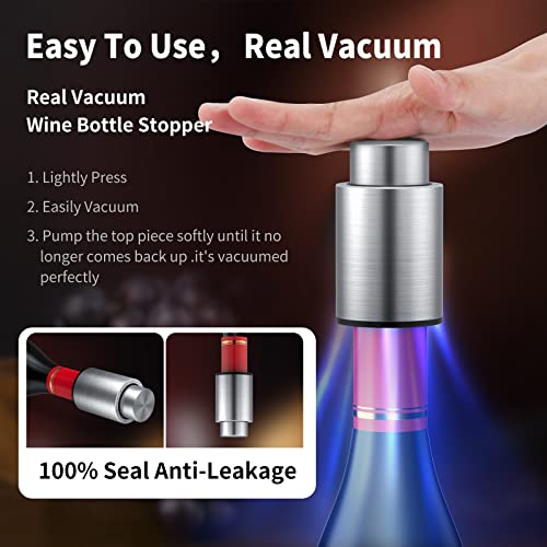 Wine Bottle Stoppers,2-in-1 Vacuum Wine Stopper,Stainless Steel Wine Savers, Reusable Wine Preserver, Vacuum Pump Corks Keep Wine Really Fresh, Best Gift Accessories,Hanlomele(1 Pack) (Silver)