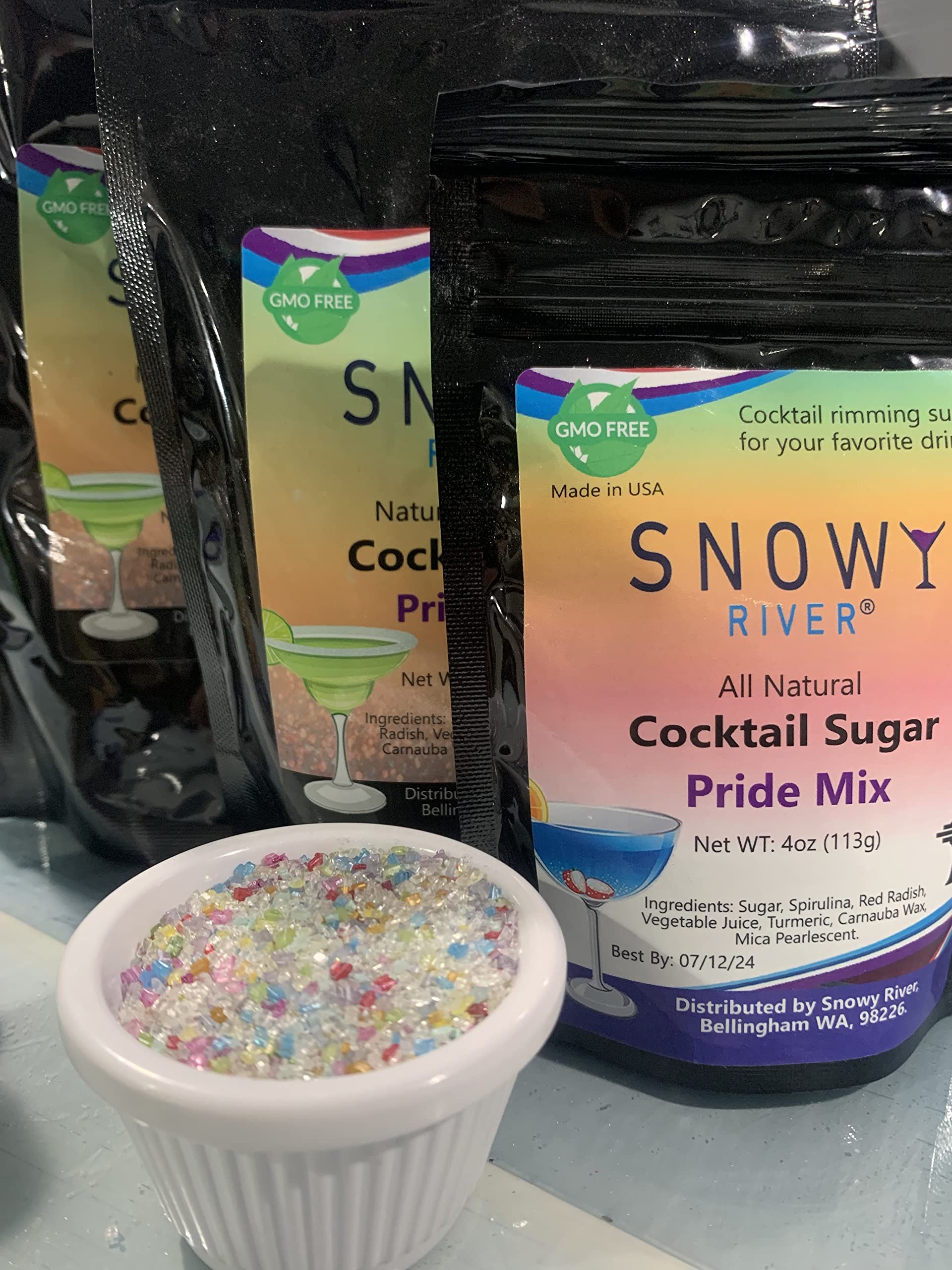 Snowy River Pride Mix Cocktail Sugar - Kosher Rainbow Cocktail Rimmer and Coffee Rimmer (4 Ounce Bag)