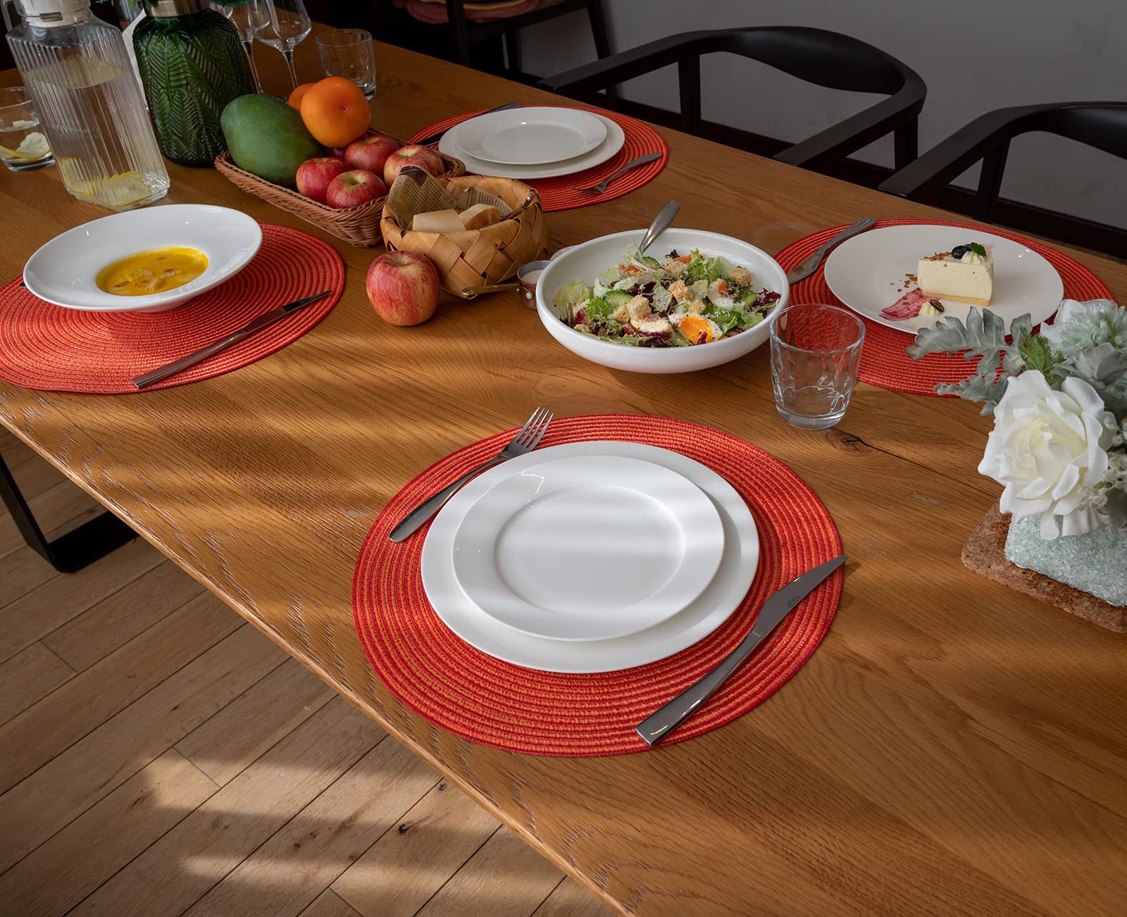 Smaafit Round Braided Placemats, Set of 4 Table Place Mats for Round Dining Tables, 15 inches Round Placemat, Place Mat Round Table Mats (Mix Orange Red)