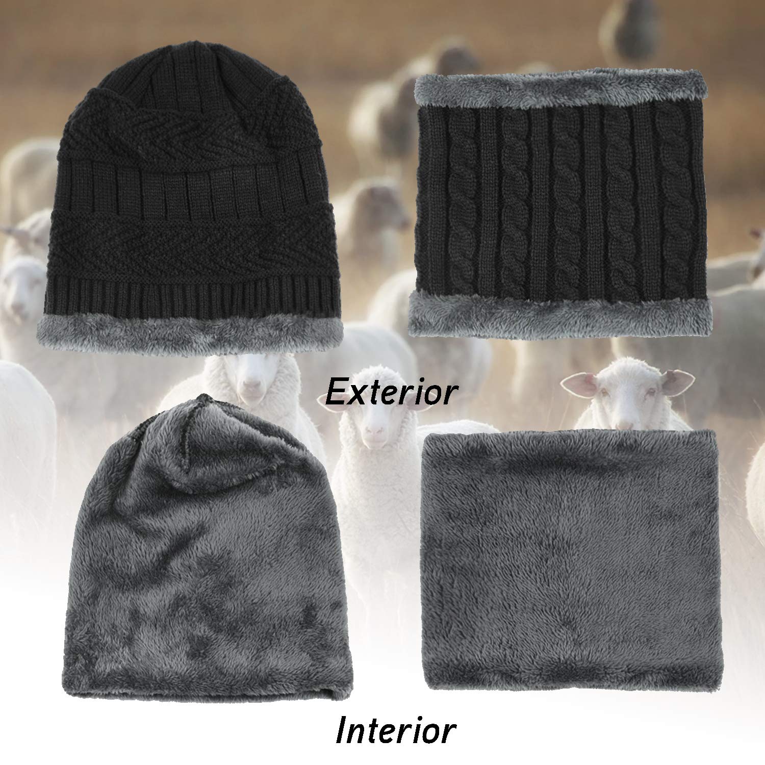 MAYLISACC Winter Cable Knit Hat Fleeced and Touch Screen Gloves 2 Pcs Set for Men and Women Gift Black