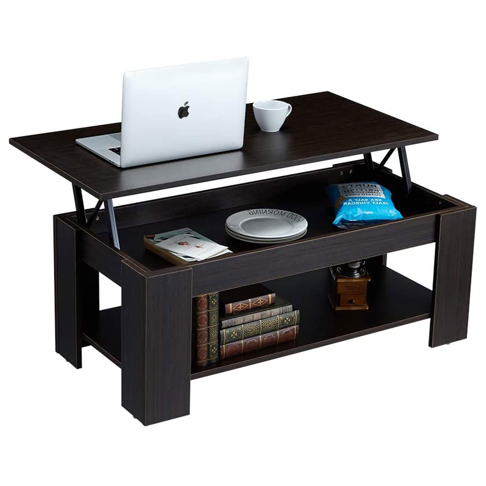 MELLCOM Lift Top Coffee Table,Rustic Coffee Table Lift Tabletop with Hidden Compartment,Pop-Up Storage Cocktail Table with Adjustable Steel Frame, Dining Table for Living Room, Wood/Dark Brown