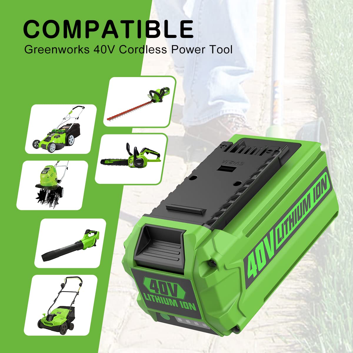 Powilling 6.5Ah 40V 29472 29462 Battery Replacement for Greenworks 40V Battery and Charger 29482 Compatible with Greenworks 40V G-MAX Power Tools 29252 20202 22262 Smart USB 40V Greenworks Battery