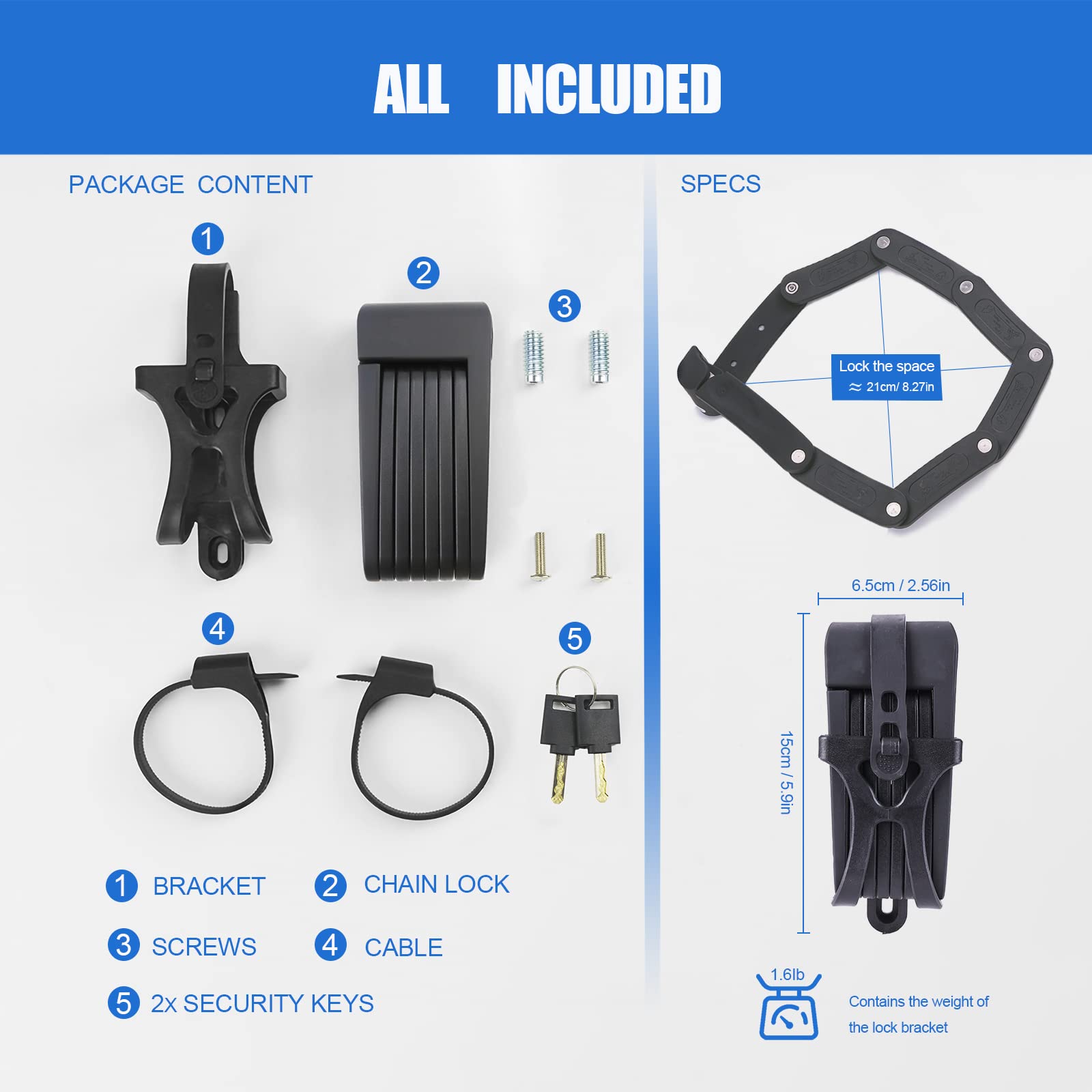Monotre Compact Folding Bike Lock, 2.3 FT Heavy Duty Anti-Theft High Security Bicycle Folding Lock, Anti 12t Hydraulic Shear, with Key and Lock Holder, Suitable for Bicycles/Electric Scooters/Ebike