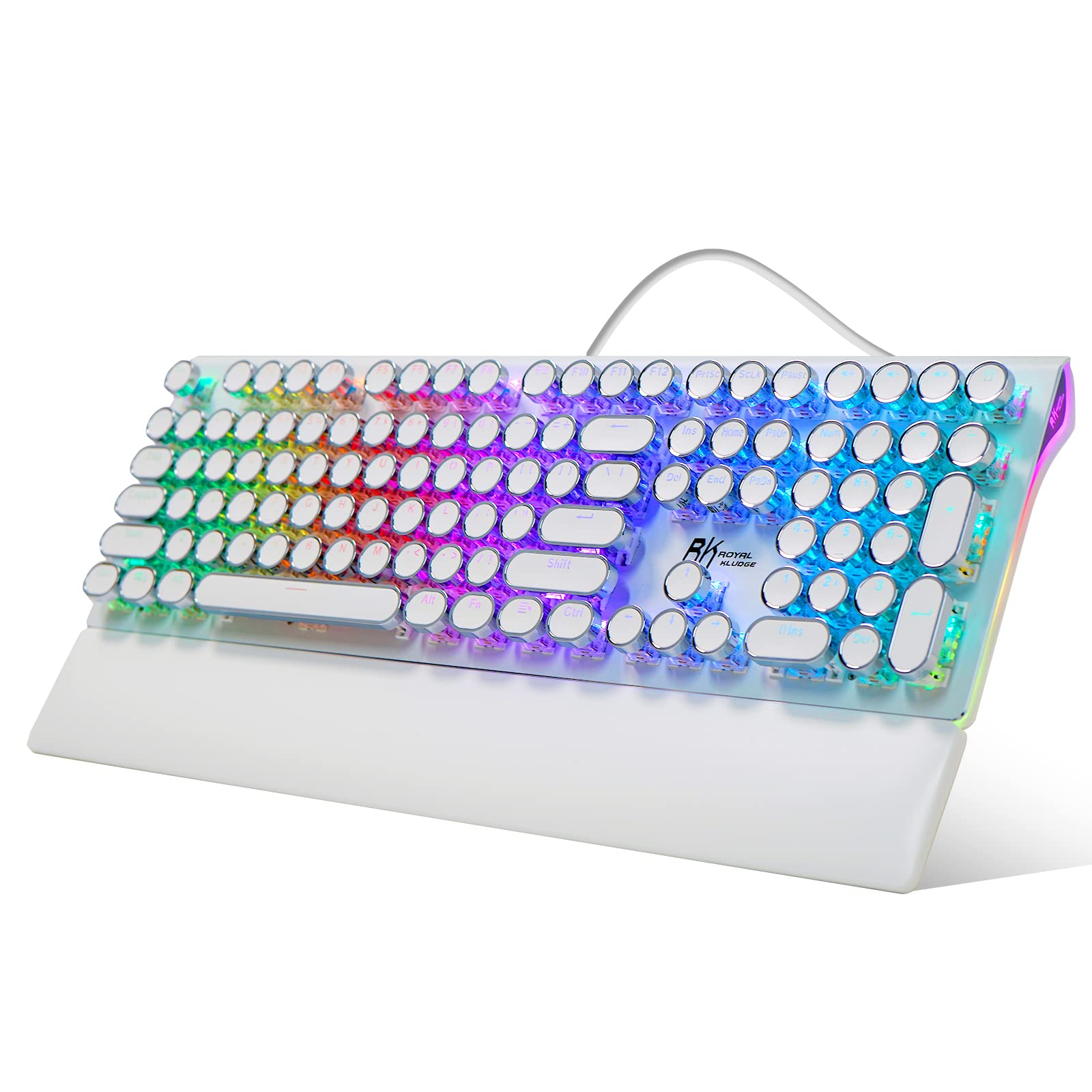 RK ROYAL KLUDGE S108 Typewriter Style Retro Mechanical Gaming Keyboard Wired with True RGB Backlit Collapsible Wrist Rest 108-Key Blue Switch Round Keycap - White