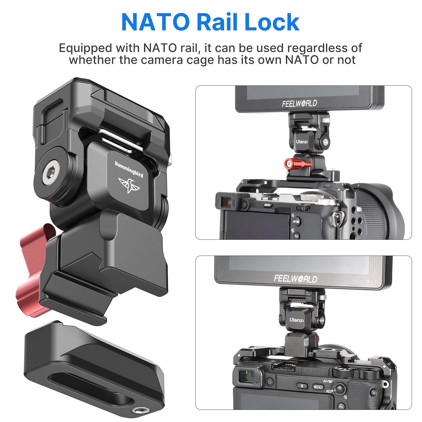 R082 Quick Release Monitor Mount 360° Adjustable NATO Rail Monitor Clamp for Camera Cage, 1/4" QR Slide Plate Video Shooting Accessories