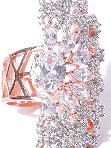 Priyaasi Sparkling American Diamond Ring for Women | Half-Flower Design | Rose Gold-Plated | Stylish Statement Cocktail Ring for Girlfriend & Wife | Size - 22