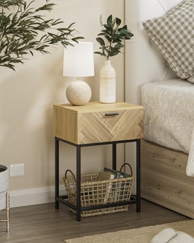 Masupu Nightstand,Bedside Tables with Storage Drawer,Tall Nightstand with Herringbone Pattern,Bedside Furniture,Small Side Table for Small Spaces, Bedroom, Living Room, Rustic Oak