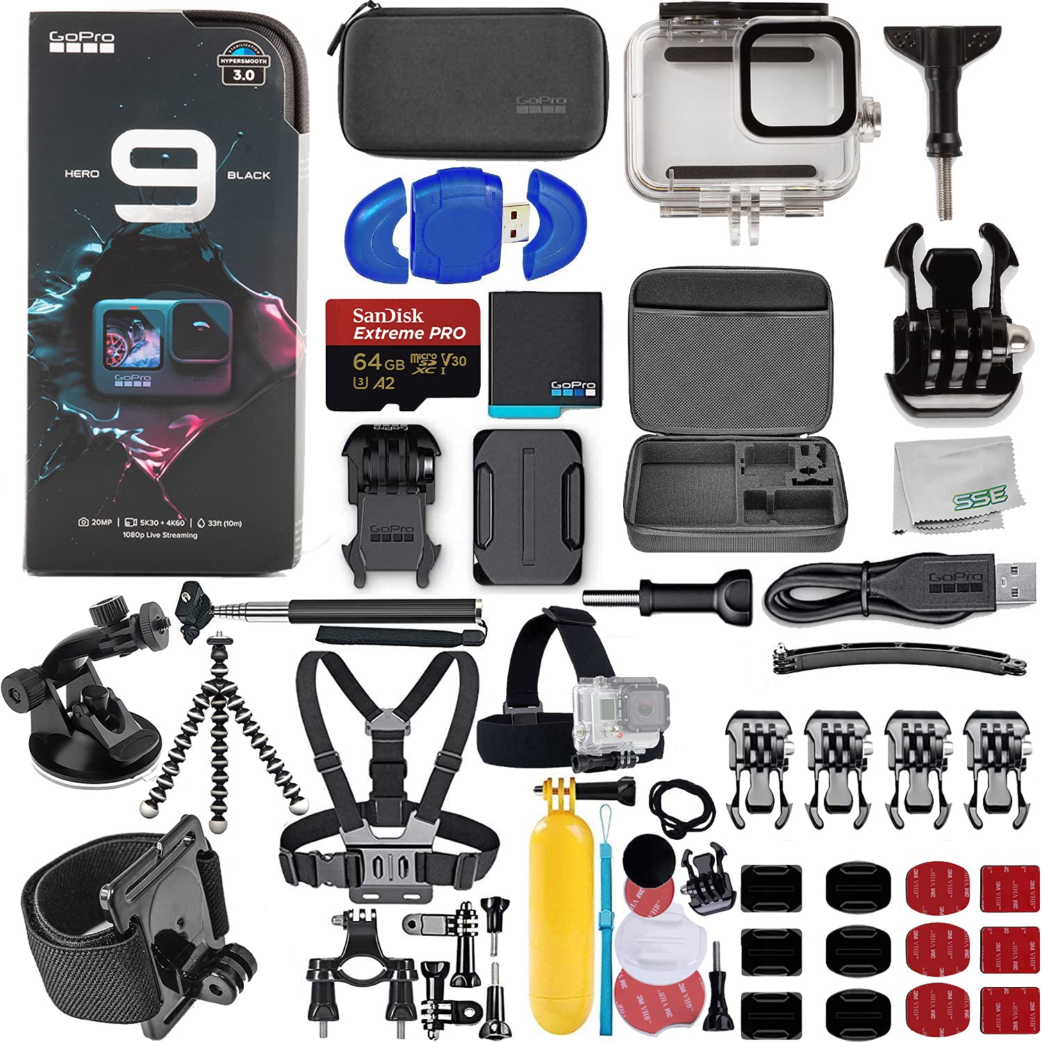 SSE GoPro HERO9 (Hero 9) Black with Deluxe Bundle - Includes: SanDisk Extreme PRO 64GB miniSDXC, Premium Hard Case for GoPro, Underwater Housing for HERO9, Floating “Bobber” Handle & Much More