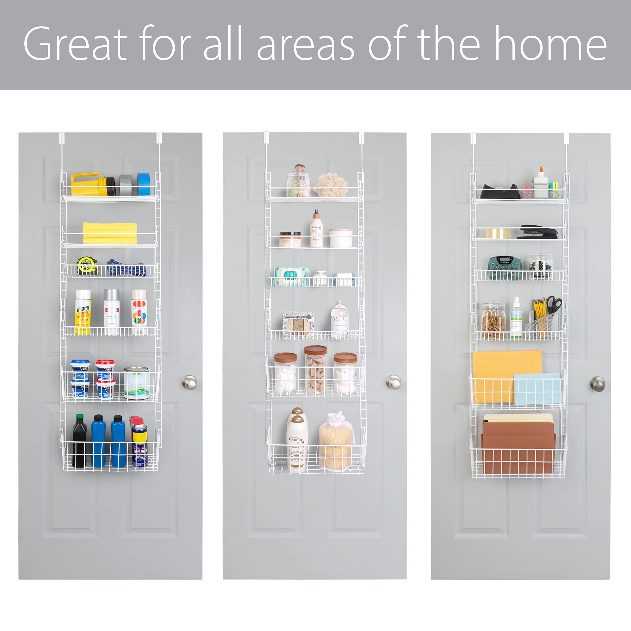 Smart Design Over The Door Pantry Organizer Rack with 6 Adjustable Shelves - Steel Metal Wire Baskets and Frame - Hanging - Wall Mountable - Cans, Spice, Storage, Closet, Bathroom, Kitchen - White