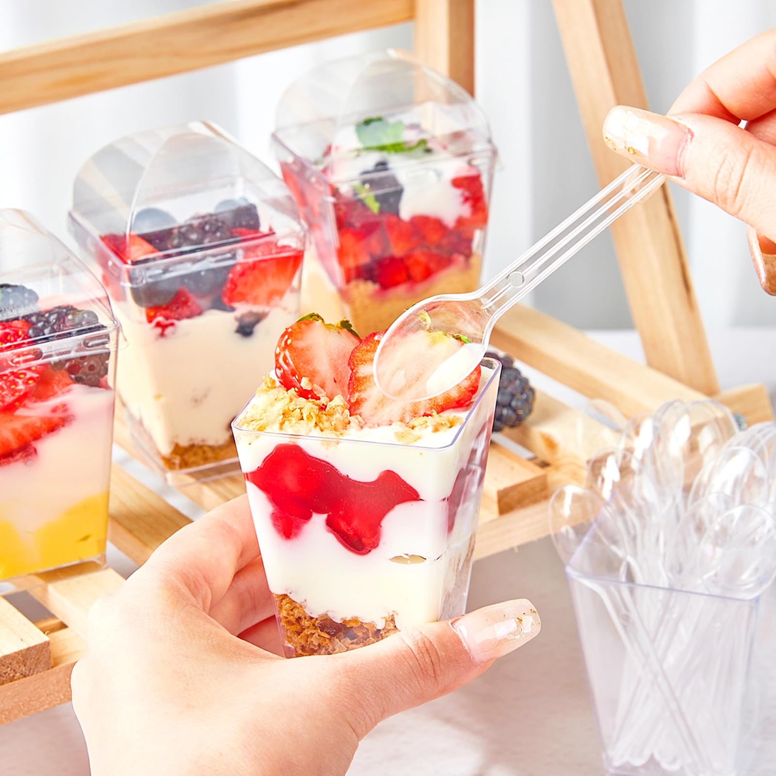 TOFLEN 50 Pack 5 oz Mini Dessert Cups with Lids and Spoons, Square Clear Plastic Dessert Shooters Party Serving Tumbler Cups for Parfait Appetizers & Dessert Shot Glasses (Dome)