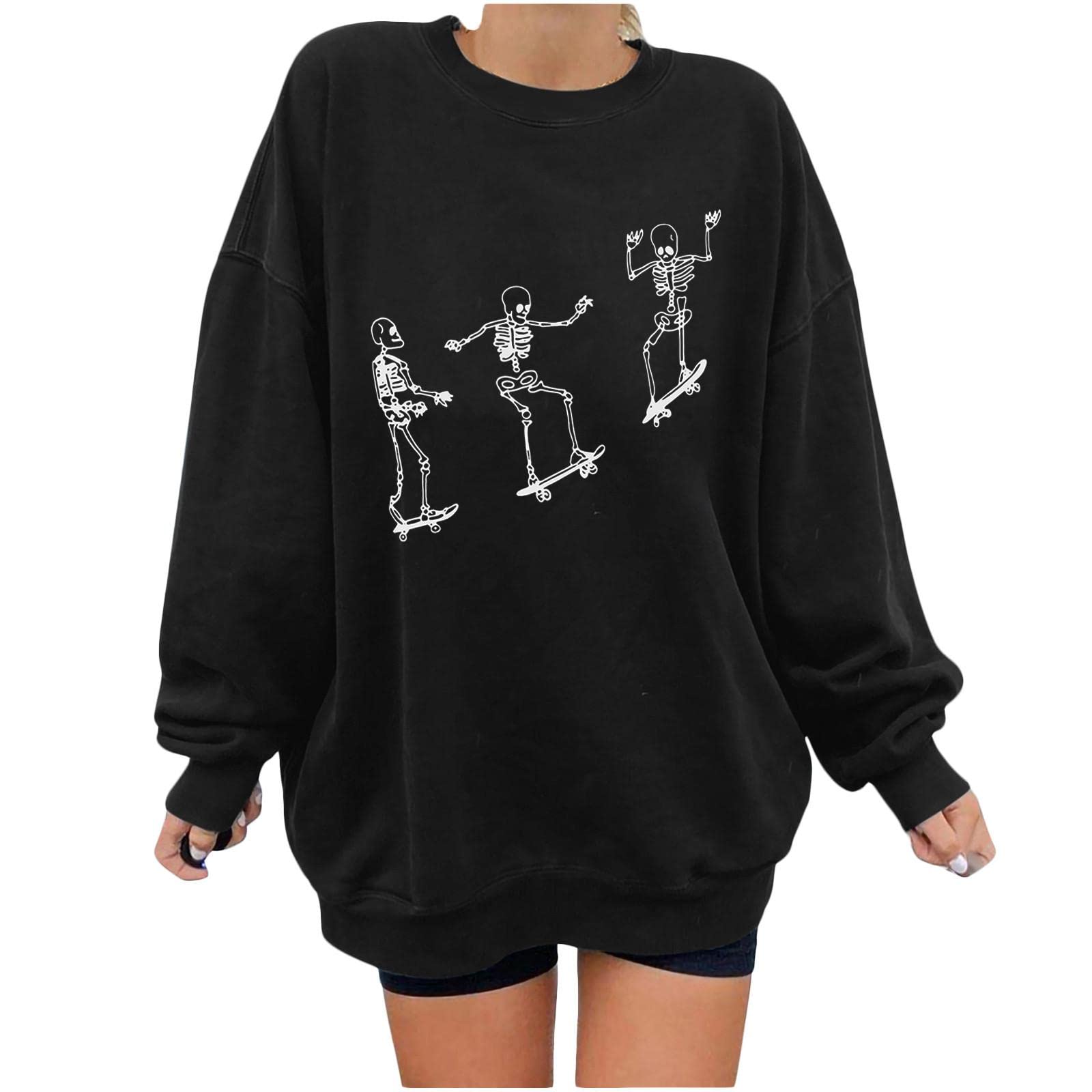 UNIROSE Oversized Sweatshirt for Women Crewneck Pullover Graphic Long Sleeve Top Loose Fit Drop Shoulder Funny Y2k Fleece Cute Grunge Fall Shirt sweatshirts for camel Skull Skeleton Dancing Black