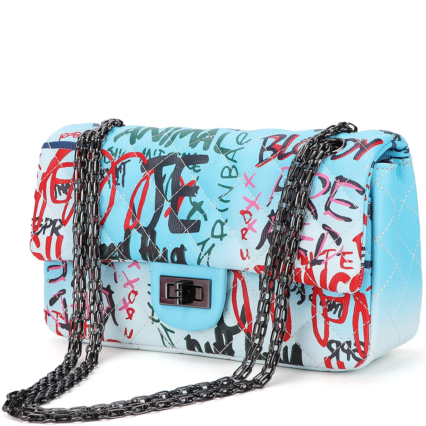 Scioltoo Shoulder Handbags for Women Small Cute Bright Rainbow Multicolor Clutch Purses Graffiti Evening Bag with Zipper and Long Strap Blue