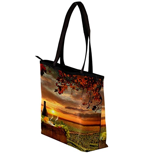 Women's Large Size Canvas Shoulder Bag Hobo Crossbody Handbag Casual Tote, Autumn Landscape Grapes