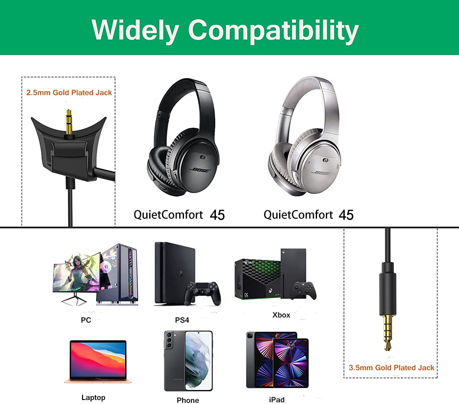 XBERSTAR Microphone Cable Compatible with Bose QuietComfort 45(QC45) Headphones with Volume Control & Mute Switch for PC, Laptop, PS4 PS5 Xbox One Controller (Black)