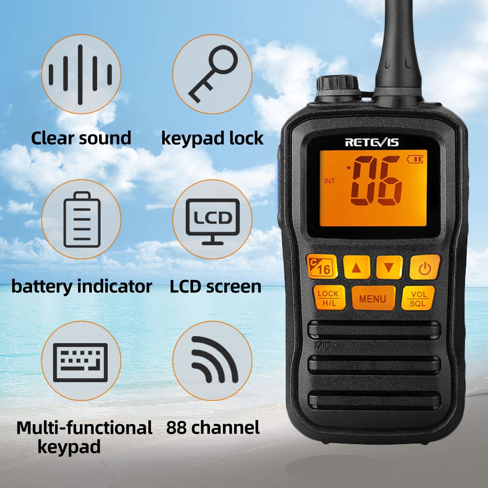 Retevis RM01 Handheld Marine Radio, Marine Two-Way Radios, Floating IP67 Waterproof, NOAA Weather Alert, Ship to Shore Radio for Boats (1 Pack)