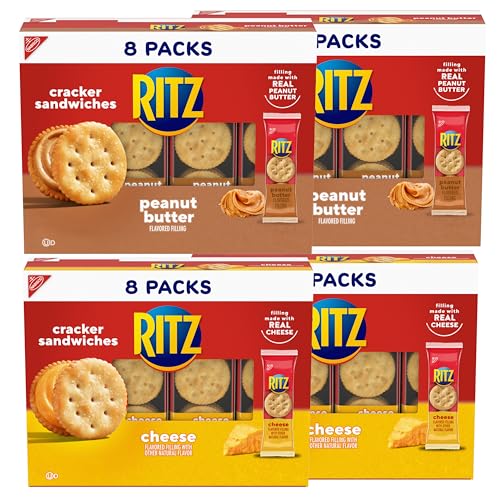 RITZ Peanut Butter Sandwich Cracker Snacks and Cheese Sandwich Crackers, Snack Crackers Variety Pack, 32 Snack Packs (6 Crackers Per Pack)