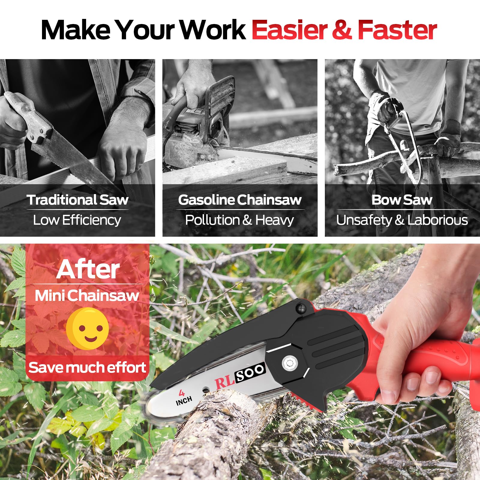 Mini Chainsaw, RLSOO Upgraded 6 Inch 24V Battery Powered Mini Chainsaw Cordless, Portable Electric Chainsaw with 2 Batteries and 2 Chains, Handheld Rechargeable Chainsaw for Wood Cutting Tree Pruning