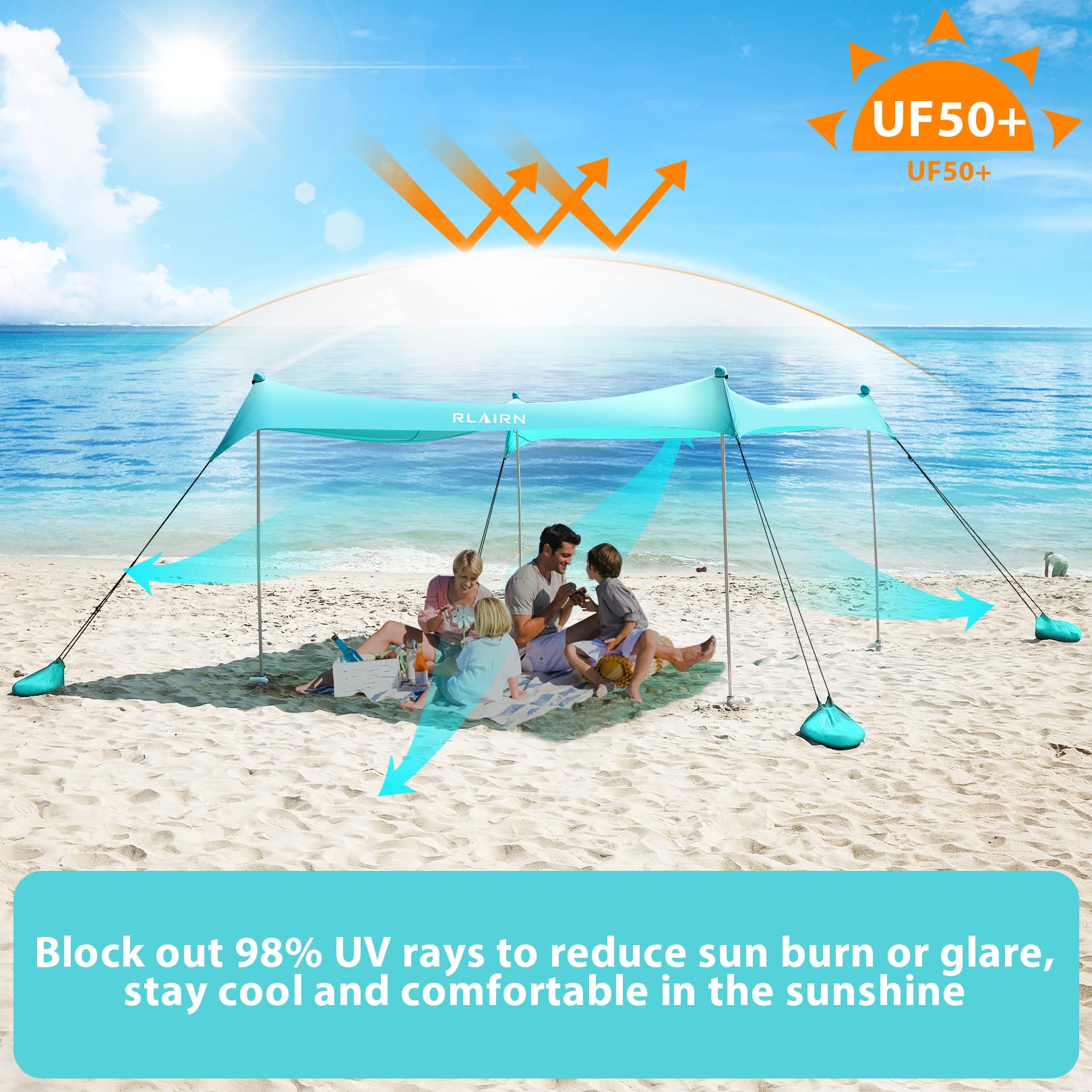 RLAIRN Beach Canopy Tent Sun Shade, RLAIRN Portable Beach Sun Shelter UV Protection Beach Shade Easy Setup with Poles for Beach, Camping, Backyard, Picnics (Turquoise)