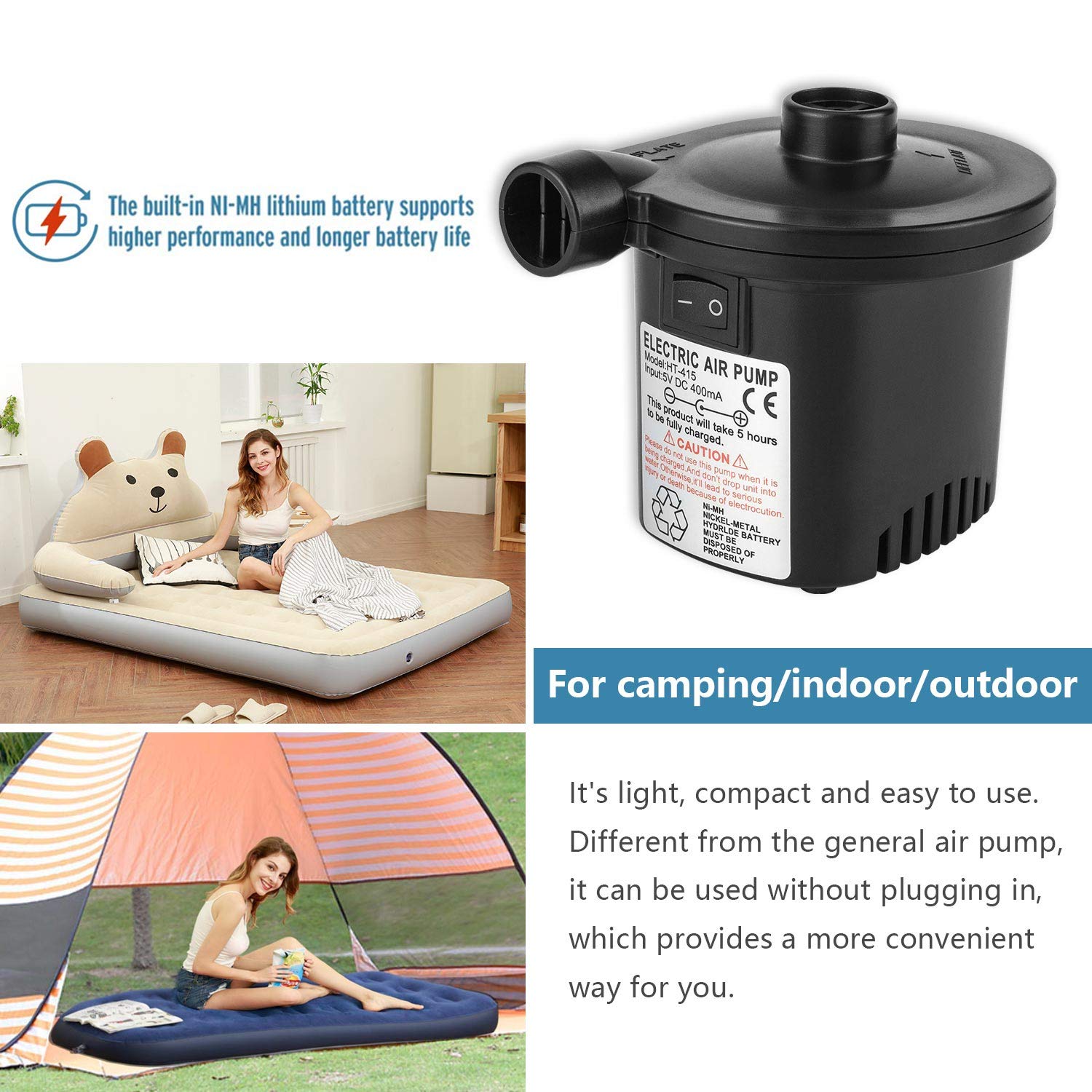 Rechargeable Electric air Pump,Portable Quick-Fill Inflator & Deflator with 3 Nozzles for Inflatables,Perfect for Inflatable Cushions, Air Mattress, Pool Toy, Swimming Ring