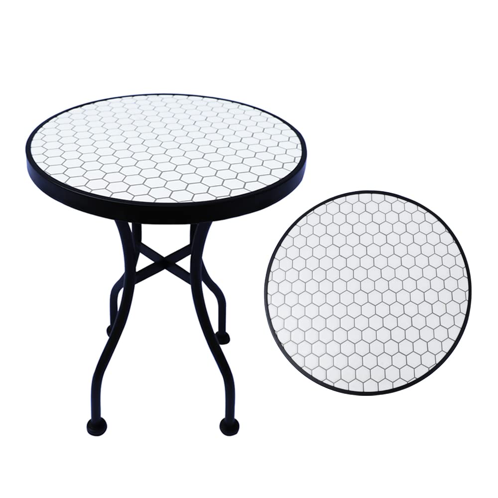 MEMAEMO Outdoor Side Table Round Small End Tables with 14" Ceramic Tile Top Metal Scrollwork Accent Table,Mosaic Coffee Tea Table for Patio, Porch, Garden, Pool (White)
