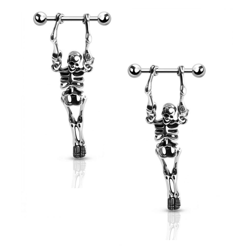 Pierced Owl 16G Stainless Steel Hanging Skeleton Nipple Barbells, Sold as a Pair