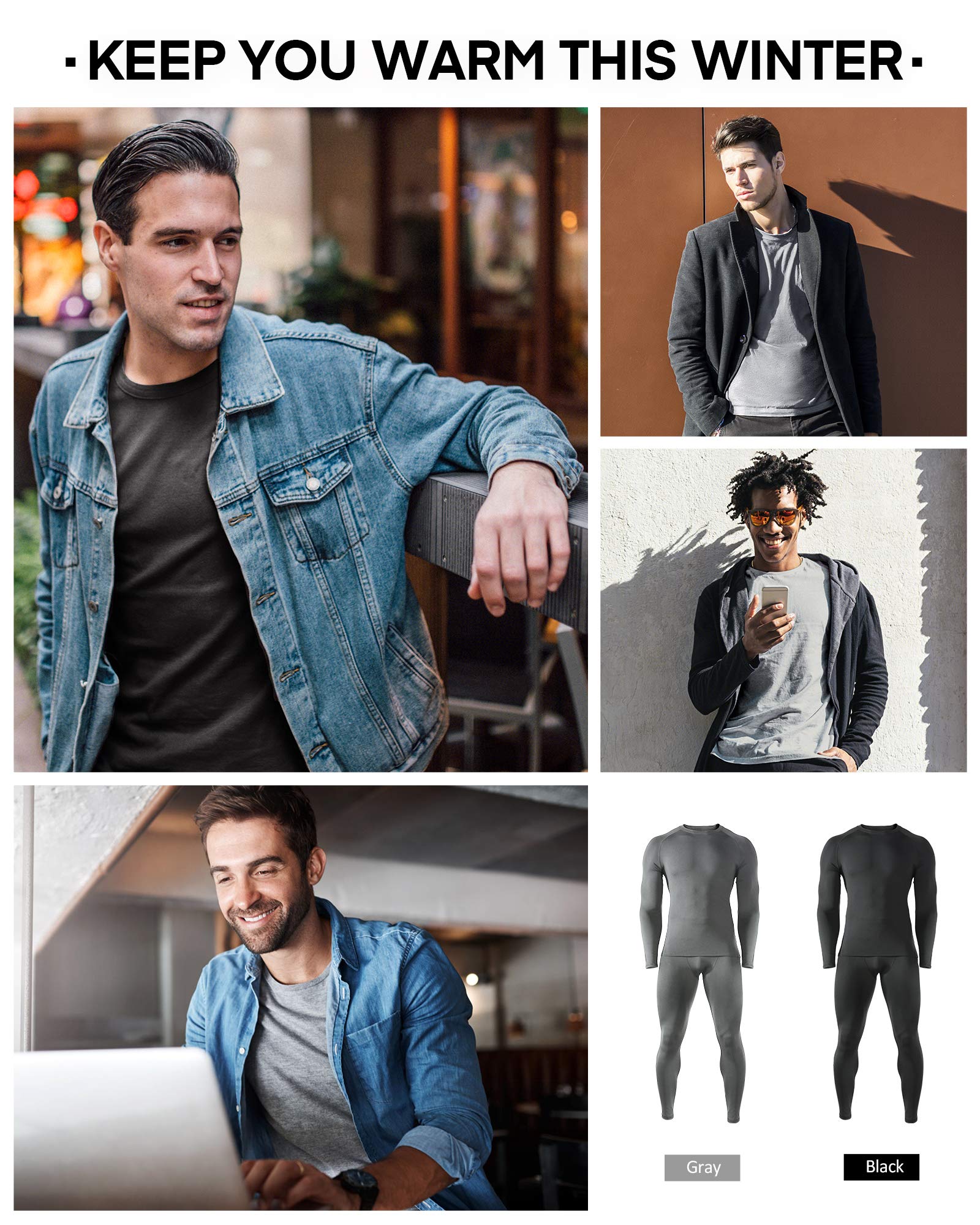 Roadbox Thermal Underwear for Men Microfleece Lined Long Johns Top and Bottom Set Black