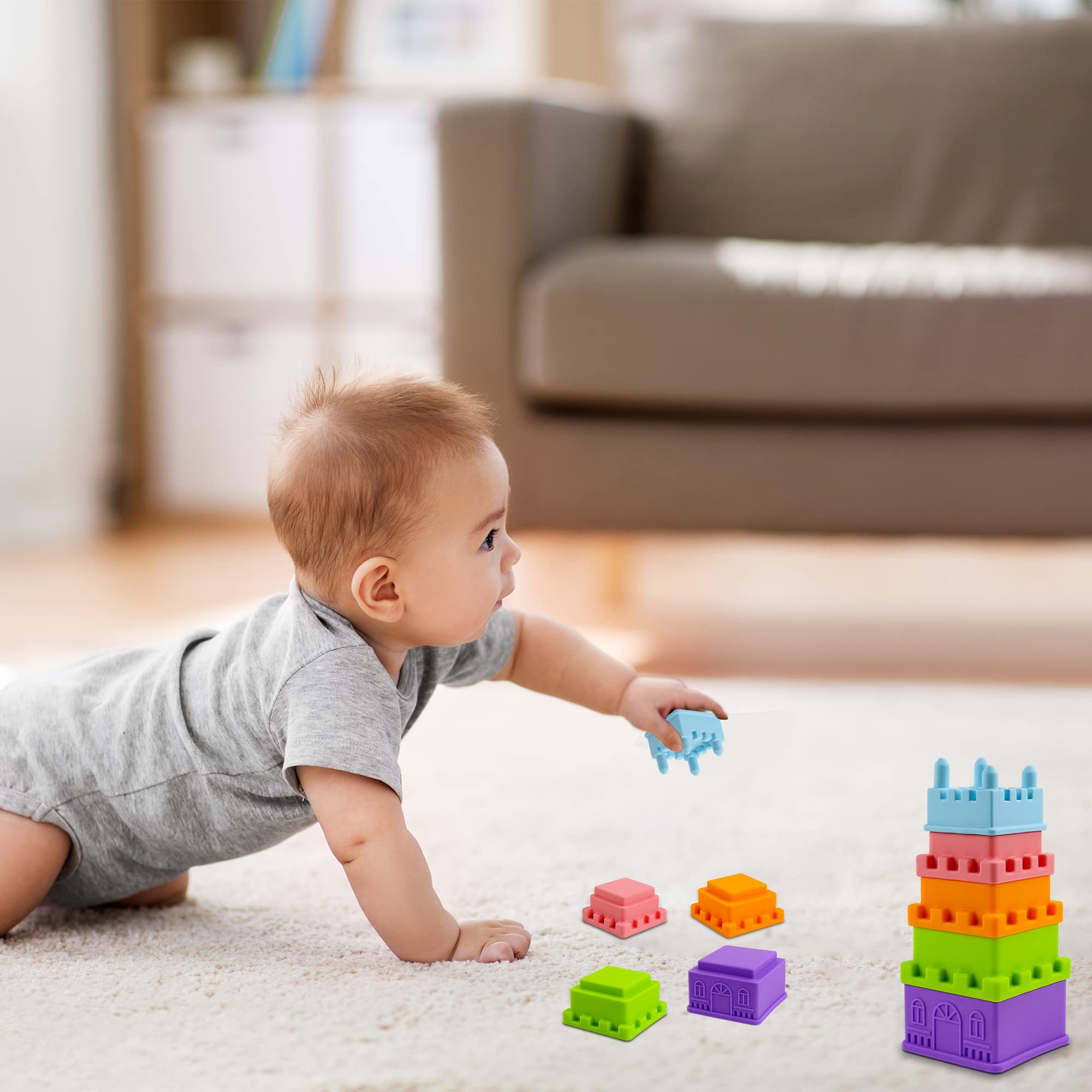Ryfan Stacking Cups,Stacking Toys for Toddlers 1-3 Year,Baby Toys,5 Pcs Soft Silicone Building Blocks | Teethers | Early Educational Learning Stacking Tower,As a Gift, Baby Blocks are Perfect for Kid